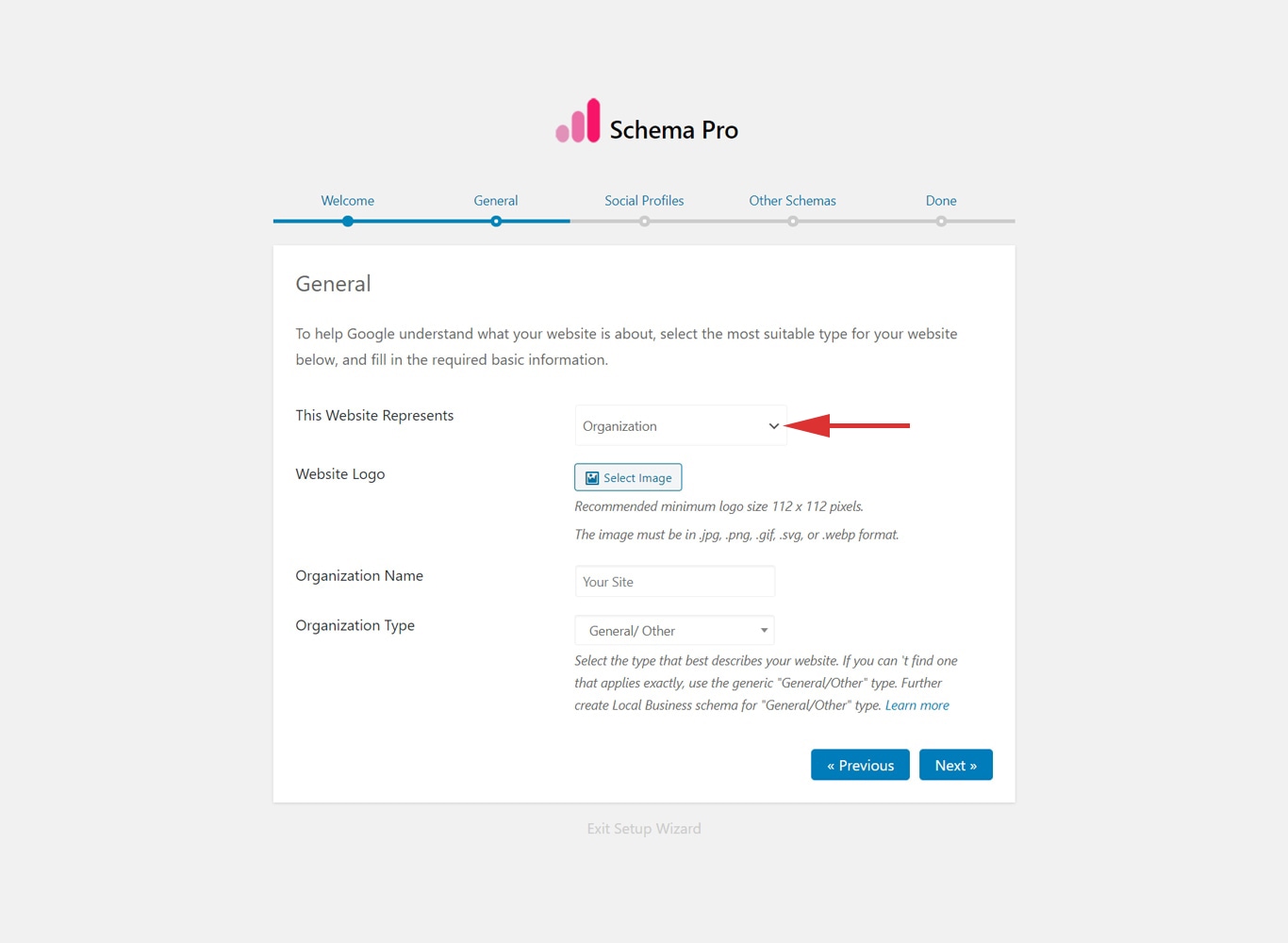 Organization Type in the Setup Wizard - Schema Pro